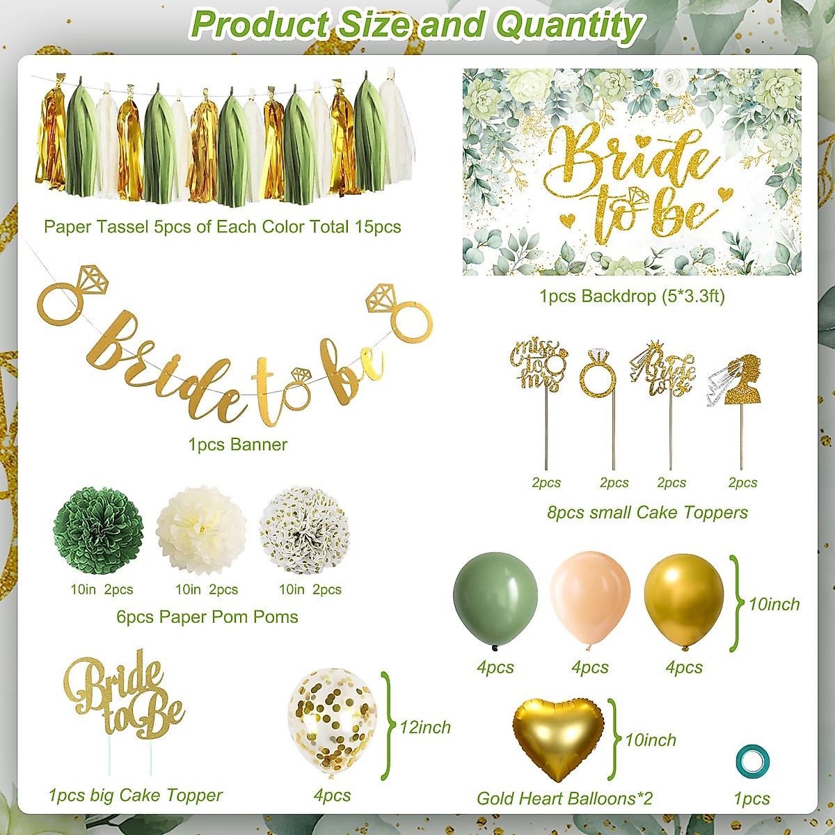 syuebt Bridal Shower Decorations Sage Green, Bachelorette Party Decorations Kit ,Bride to Be Backdrop,Tassel,Balloons, Pompoms,Cake Topper for Bride to Be Wedding Bachelorette Party Decor Supplies