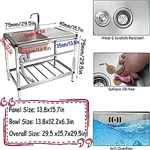 Commercial Restaurant Sink W/Faucet & Drain, Utility Kitchen Sink With Console/Stand, 304 Stainless Steel Sink Kit With Single Bowl For Garage Basement Shop Portable Handwashing Station