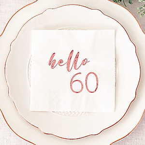 Crisky Rose Gold Hello 60 Cocktail Napkins for Women 60th Birthday Decorations, 3-Ply 60th Birthday Disposable Cake Beverage Dessert Napkins, 50 Pcs
