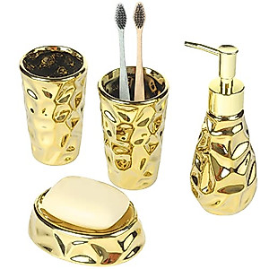 MyGift 4 Piece Luxurious Modern Gold Ceramic Bathroom Accessory Set, Gold Decor Bathroom Accessories, Toothbrush Holder Set with Soap Dish, Pump Dispenser and Tumblers