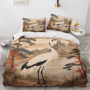 Crane Duvet Cover Oversized King Size Set, Japanese Bedding Bedroom Decor, Comforter Cover & 2 Pillowcases 3 Pieces, Home Collection Quilt Cover