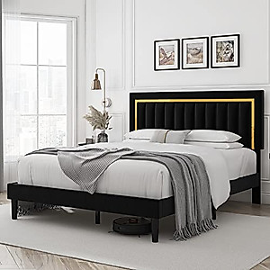 HITHOS Full Size Bed Frame with Adjustable Tufted Headboard, Velvet Upholstered Platform Bed Frame with Gold Trim, Heavy Duty Mattress Foundation with Steel Frame, Easy-Assembly Slats (Black, Full)