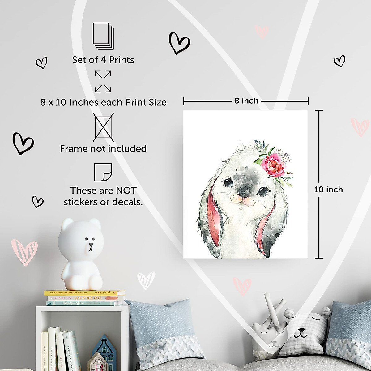 Designs by Maria Inc. Set of 4 UNFRAMED Farm animal kids nursery decor | Cute animal pictures | Animal posters safari wall decor | Farm Animal with Floral Crown Wall Art | Farmhouse Artwork (8"x10")