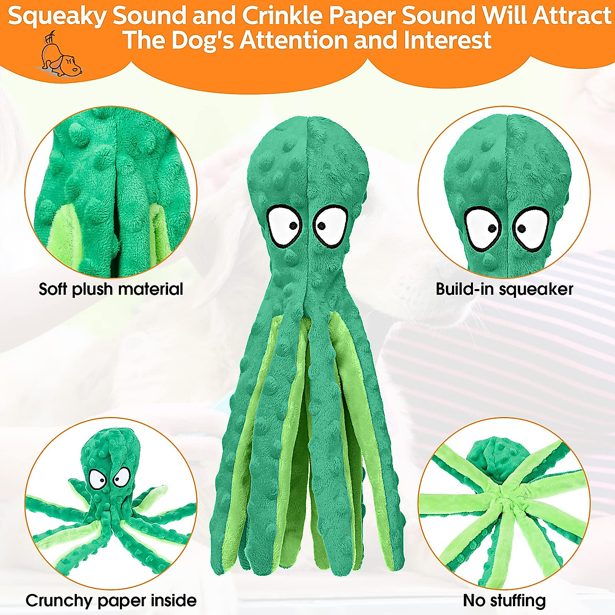 Vinsot 6 Pack Dog Squeaky Toys Octopus No Stuffing Crinkle Plush Dog Toys Durable Interactive Cute Chew Toys for Puppy (Colorful)