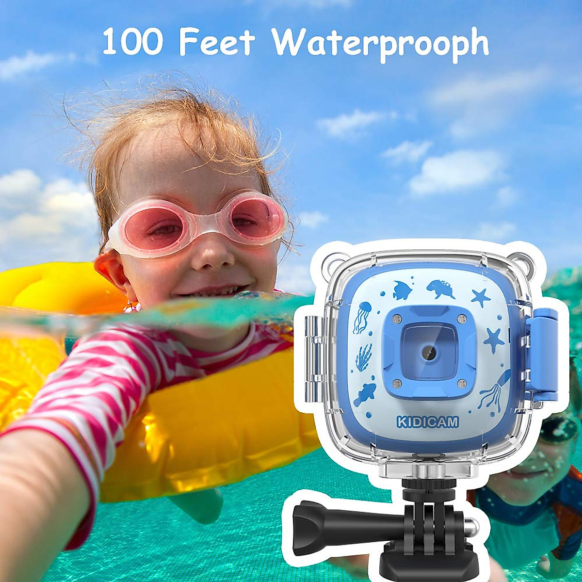 Dragon Touch Kids Action Camera - Waterproof Kidicam 2.0 Digital Camera for Boys Girls 1080P Sports Camera Camcorder with 16GB Memory Card (Blue)