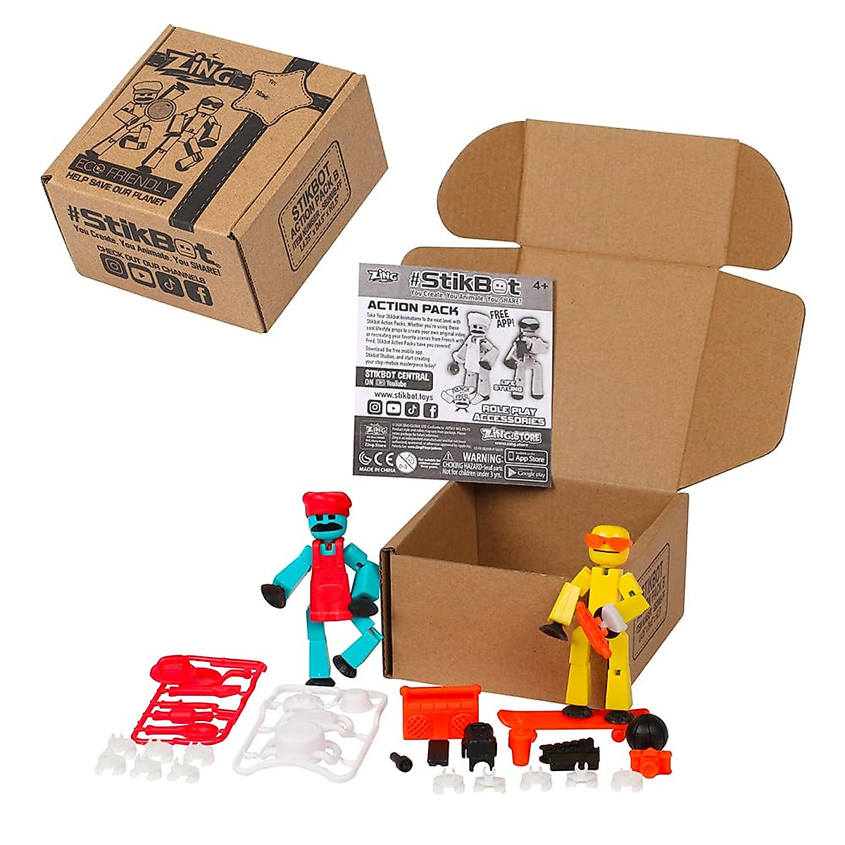 Zing Stikbot Chef and Lifestyle Dual Action Pack - Includes 2 Stikbots and Lots of Cool Accessories in Eco Friendly Packaging (Pack B - Blue & Yellow)