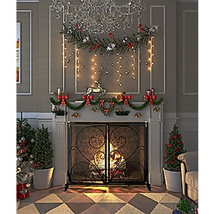Calidola Flat Fireplace Screen with Doors,Solid Wrought Iron Frame with Metal Mesh, Flat Panel Decorative Fireplace Screen with Scroll Design, Free Standing Spark Guard