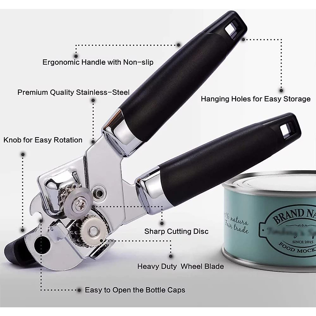 ANDILL Can Opener Manual, Good Grips Anti-slip Hand Grip, Stainless Steel Sharp Blade, with Large Turn Knob, Black/Silver, 8.26 x 2.36 x 2