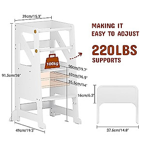 Rendpas Toddler Step Stool With Meal Tray, Wooden Kids Learning Tower For Kitchen Helper and Convertible High Chair, Adjustable Bathroom Step Stool With Safety Rail (White)