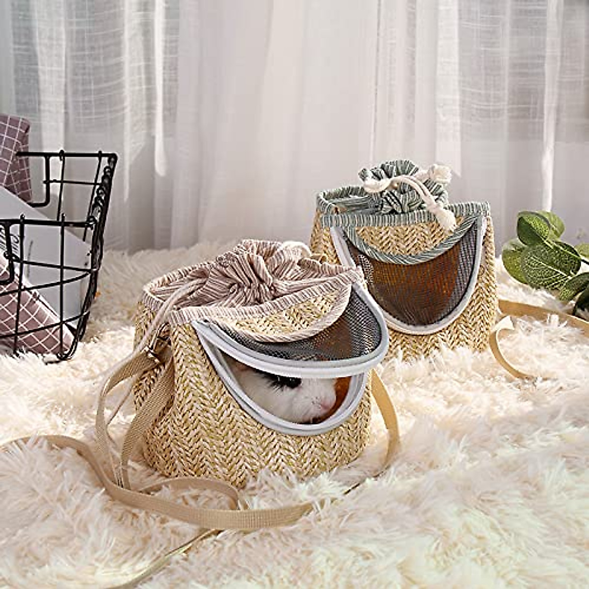 Small Pet Carrier Bag Hamster Carrier Bag with Long Detachable Shoulder Strap, Light Coffee Color Straw Mesh Breathable Portable Outgoing Bag for Hamster Hedgehog Sugar Glider Squirrel Gerbil