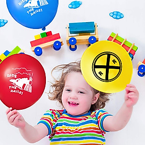 36 Pieces Railroad Crossing Train Balloons 12 Inch Train Birthday Balloons Latex Balloons Railway Party Decorations and 2 Rolls Silver Ribbons for Kids Birthday Baby Shower Engagement Party Supply