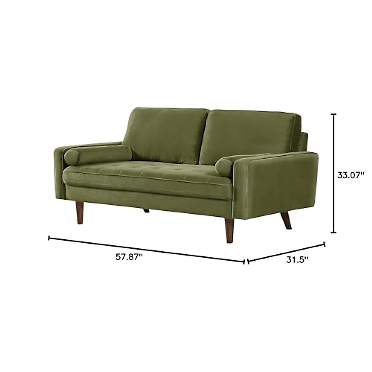 US Pride Furniture Velvet Tufted Sofa, Iconic Mid-Century Style Living Room Furniture with Contemporary Silhouette, Button Tufting and Wood Legs, Includes 2 Bolster Pillows, Loveseat, Olive Green