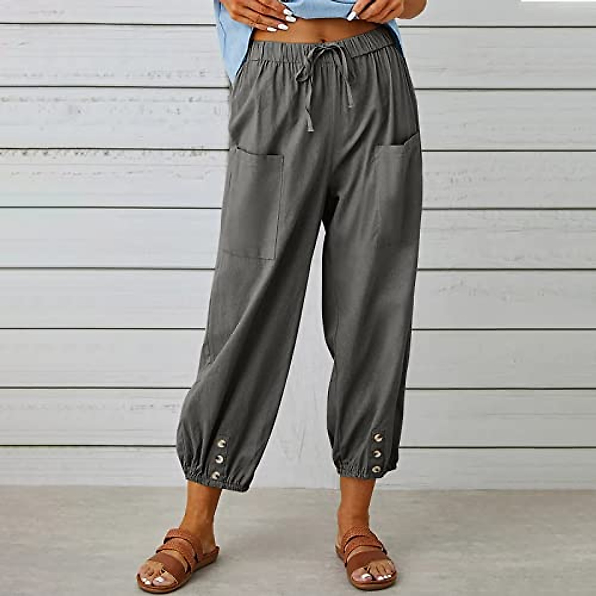 Womens Casual Capri Pants Elastic Waist Drawstring Summer Lounge Baggy Trousers Cinch Bottom Lantern Ankle Pants with Pockets
