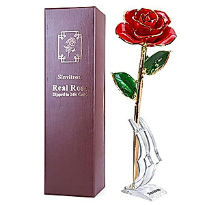 Sinvitron Red Real Rose Flowers, Gold Dipped Rose, Plated Real Rose with Stand & Box, Gift for Mom, Mothers Day, Thanksgiving, Birthday, Anniversary, Wedding, Valentines Day Gifts for her
