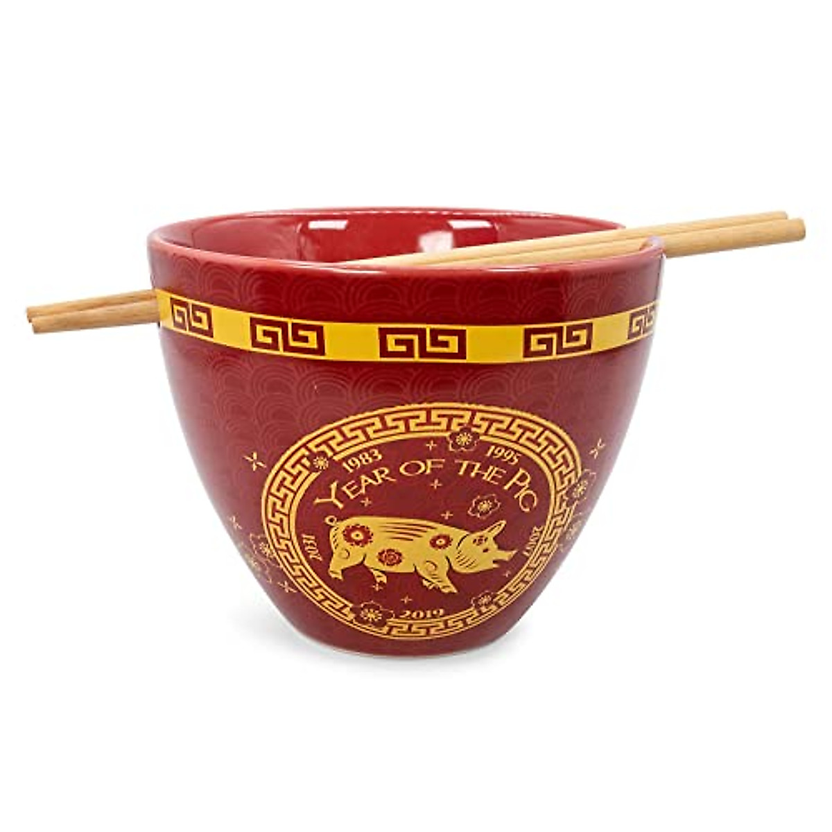 Boom Trendz Year Of The Pig Chinese Zodiac Ceramic Dinnerware Set Includes 16-Ounce Ramen Noodle Bowl Wooden Chopsticks Asian Food Dish Set Home & Kitchen Kawaii Lunar New Year Gifts, Red, One Size