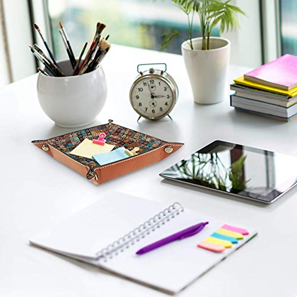 Small Storage Box,Mens Valet Tray,Ottoman Pattern,Leather Catchall Organizer for Coin Box Key Jewelry