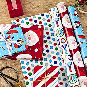 Hallmark Christmas Reversible Wrapping Paper, Kids (Pack of 3, 120 sq. ft. ttl) Santa, Joy, Penguins, Snowflakes, Polka Dots, Stripes