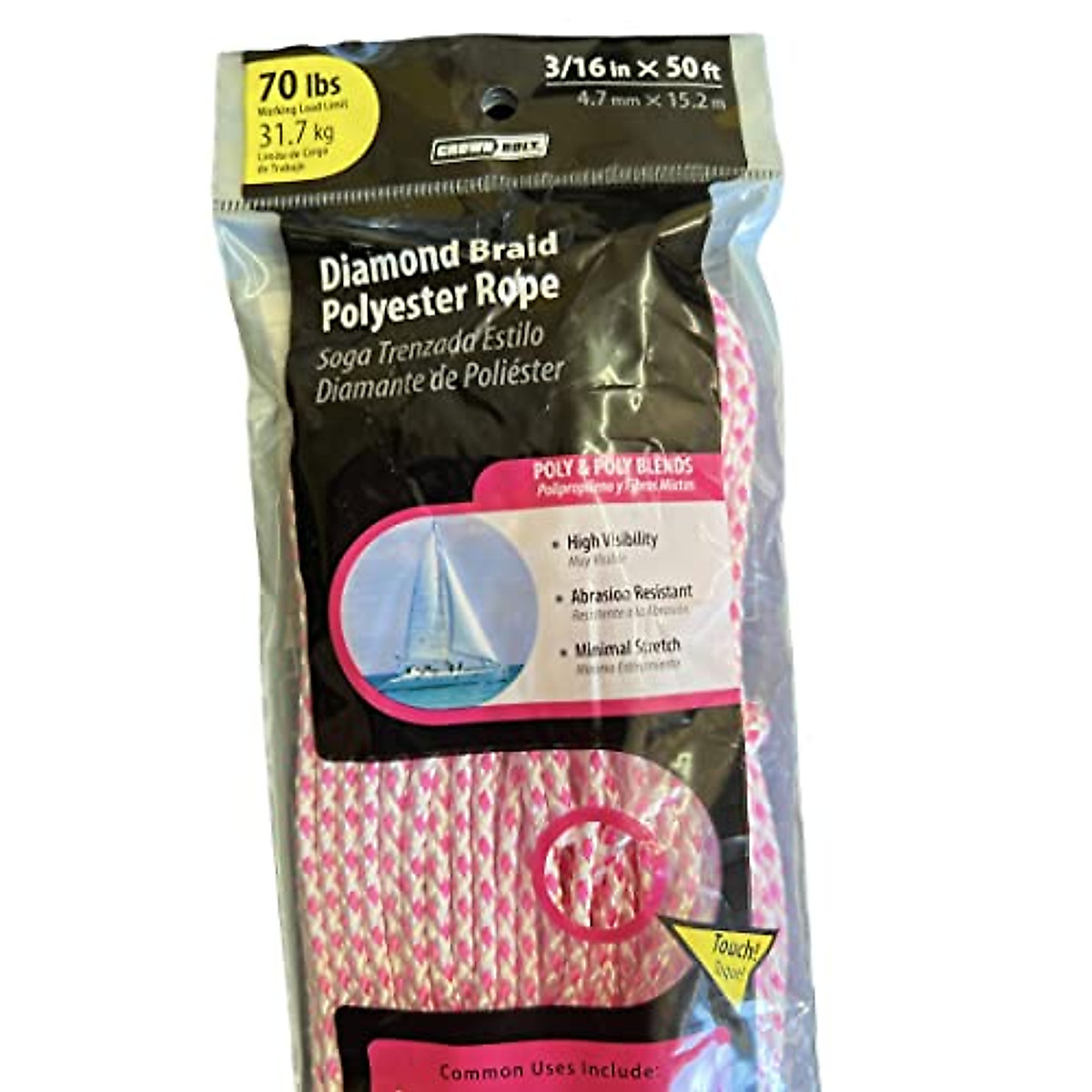 Everbilt 3/16 in. x 50 ft. White/Pink Diamond-Braid Poly Rope