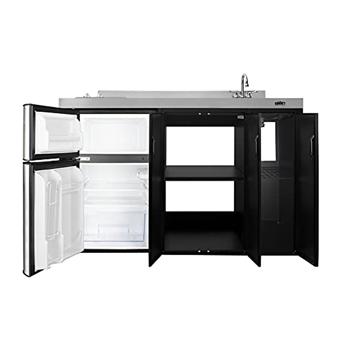 Summit Appliance CK54SINKR 54" Wide All-In-One Kitchenette, Stainless Steel Sink and Faucet, 2-door Refrigerator-freezer, 2-burner Smooth-top Cooktop, Indicator Lights, Storage Compartments