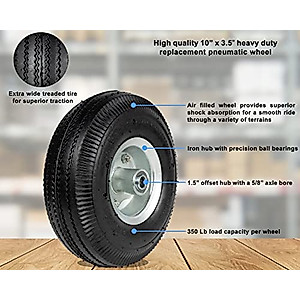 Vergo Pneumatic Wheels 2-Pack Heavy Duty Air Filled Dolly Replacement Wheels - Threaded Tires, Hand Truck Wheels 10" x 3.5” with 5/8" Axle Bore Hole, Offset Hub