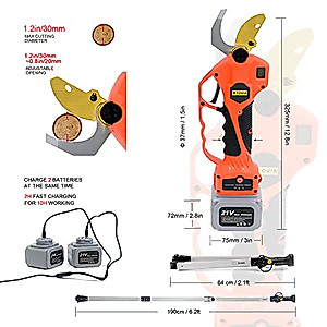Cordless Pruning Shears, Electric Pruner with 7.5 Foot High Reach Extension Pole, Tool Belt, 2 Pack 21V Lithium Battery, Titanium Plated SK5 Blades, 1.2 Inch Cutting Diameter, LCD Display Screen