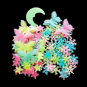 Kiddale 307 Pcs Glow in Dark Stars,Moon,Snowflake and Butterfly- Bright Multicolor Wall Stickers for Ceiling Decals-Bedroom Living Room Decor Kit for Kids Boys Girls