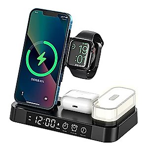 Tuocalo Wireless Charger, 4 in 1 Wireless Charging Station with LED Night Light, Digital Clock, Alarm Clock for AirPods & Watch, Apple iPhone, Samsung Galaxy, and All Qi-Enabled Devices (Black)