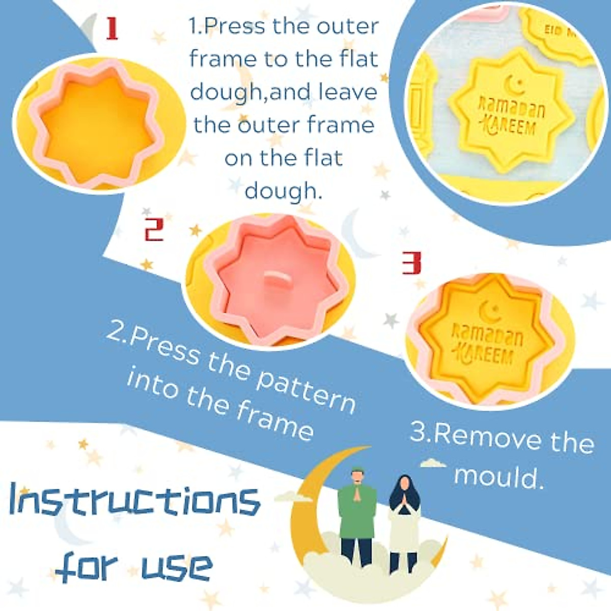 Crethinkaty Eid Mubarak Cookie Cutters-8 Pieces Pressable Eid Mubarak Biscuit Cutters Set-3D Eid Element Cookie Stamps.