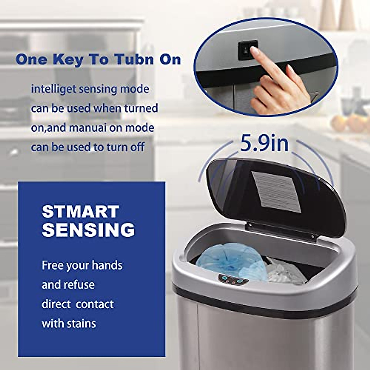 13 Gallon / 50 Liter Trash Can Automatic Garbage Can with Lid for Kitchen Bathroom Bedroom Home or Office High-Capacity Brushed Stainless Steel Touch Free Waste Bin