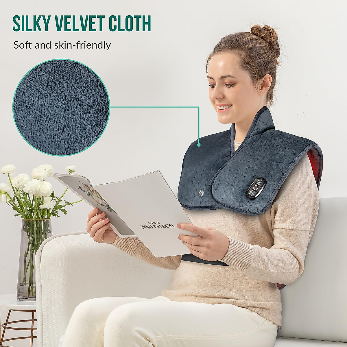 Snailax Heating Pad for Neck and Shoulders, Electric Heat Pad for Back Pain, Heating Pads with Massager, Weighted Heated Wrap, 24V Safety Volt, 2 Heat Levels & 5 Massage Modes, Gifts