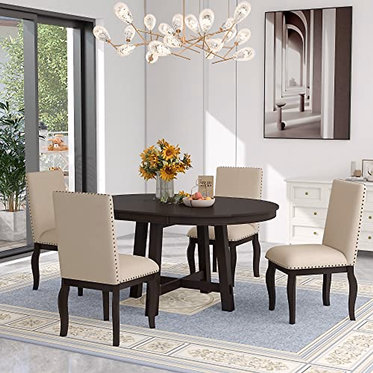 HAUSHECK Modern Round Room Person, Wood Extendable w/X-Shaped Base, Upholstered, Nailhead Curved Back, Farmhouse Kitchen Chairs Home Furniture, Dining Table Set for 4-6, Espresso