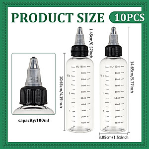 BENECREAT 10PCS 100ml/3.38 oz Transparent Plastic Squeeze Bottles with Scale and Black Twist Cap Graduated Squeeze Dispensing Bottles for Ink Liquid, Oils, Gels, Glue