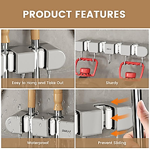 3PCS 4 Racks and 5 Hook Broom Mop Holder with Hooks Wall Mounted Broom Storage Rack No Drilling Self-Adhesive Mop Broom Organizer Mop Holder Hanger for Bathroom Office Kitchen Closet Garage,Gray