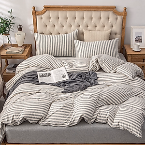 PURE ERA Jersey Knit Duvet Cover Set 100% T-Shirt Heather Cotton Super Soft Comfy Classic Striped Design, with Zipper Closure, Grey & White Stripe, Queen
