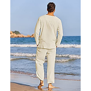 COOFANDY Men's 2 Pieces Cotton Linen Set Henley Shirt Long Sleeve and Casual Beach Pants Summer Yoga Outfits