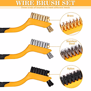 6 Pcs Wire Brush, Wire Brush Set, Brass/Nylon/ Steel Brush and Cleaning Spatula, Premium Metal Brush with Curved Handle Grip, Wire Brushes for Cleaning Rust, Cratches, Weld Slag, Paint and Stain