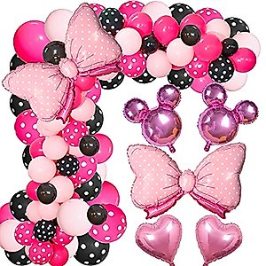 Pink Mouse Color Balloon Garland Kit, 116 Pcs Pink Black Polka Dot Balloon Arch with Bow Foil Balloons for Girls Kids Pink Mouse Theme Birthday Baby Shower Decorations