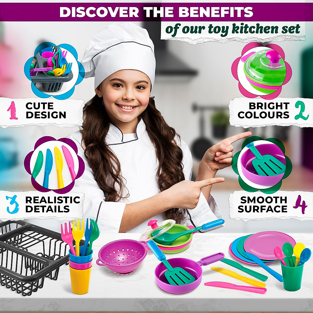 Play Kitchen Pots and Pans for Kids Kitchen Playset - 27Pcs Toy Plates and Dishes for Kitchen Set Plastic Dishes and Utensil Sets for Play Kitchens - Kids Playset Play Dishes for Kids Kitchen Toys