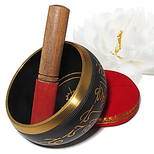 3"x5" Om Maa Padme Black & Gold Painted Tibetan Handmade Buddhist Singing Bowl Set & Wooden Striker, Great For Mindfulness Meditation, Relaxation Anxiety Relief, Chakra Healing, Perfect Spiritual Gift
