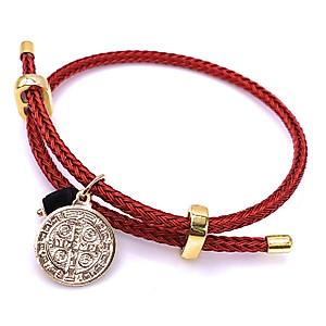 LESLIE BOULES 18K Gold Plated Saint Benedict Medal Red String Bracelet Charm Genuine Jetstone