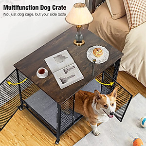Aivituvin Dog Crate Furniture Movable Side End Table Indoor Dog Kennel for Small Medium Large Dogs Double-Doors Wooden Dog House with Cushion, Tray, Wire Floor(27.2")