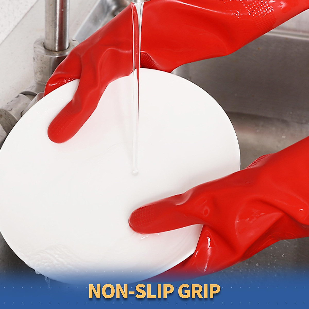 BOOMJOY Cleaning Gloves for Dish Washing, Dish Gloves, Reusable Kitchen Gloves Heavy Duty, Bathroom, Restroom, Red, 3 Pairs, Size-L