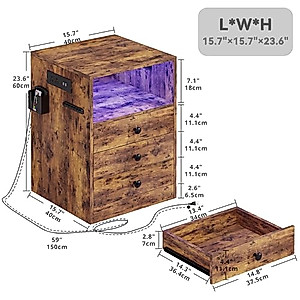 LIKIMIO Nightstand with Charging Station and 3 Drawers, LED Lights End Side Table with interchangeable sockets and Hooks, Vintage Brown