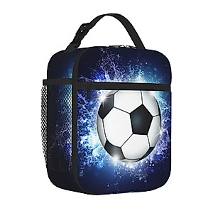 YIJIUWKIS Sports Lunch Box with Soccer Pattern Print, Blue Insulated Lunch Bag for Kids Teens Boys Girls, Reusable Lunch Bag Ice Packs Containers Tote Handbag with Water Bottle Holder and Handle