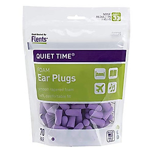 Flents Ear Plugs for Sleeping, Snoring, Loud Noise, Traveling, Concerts, Construction, & Studying, Made in the USA, NRR 33, Purple, 70 Pair