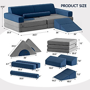 UMOMO 13 PCS Modular Kids Play Couch Building Fort, Floor Sofa Funiture for Playroom and Bedroom, Indoor Outdoor Playhouse Play Set for Kids, Toddlers, Blue & Gray