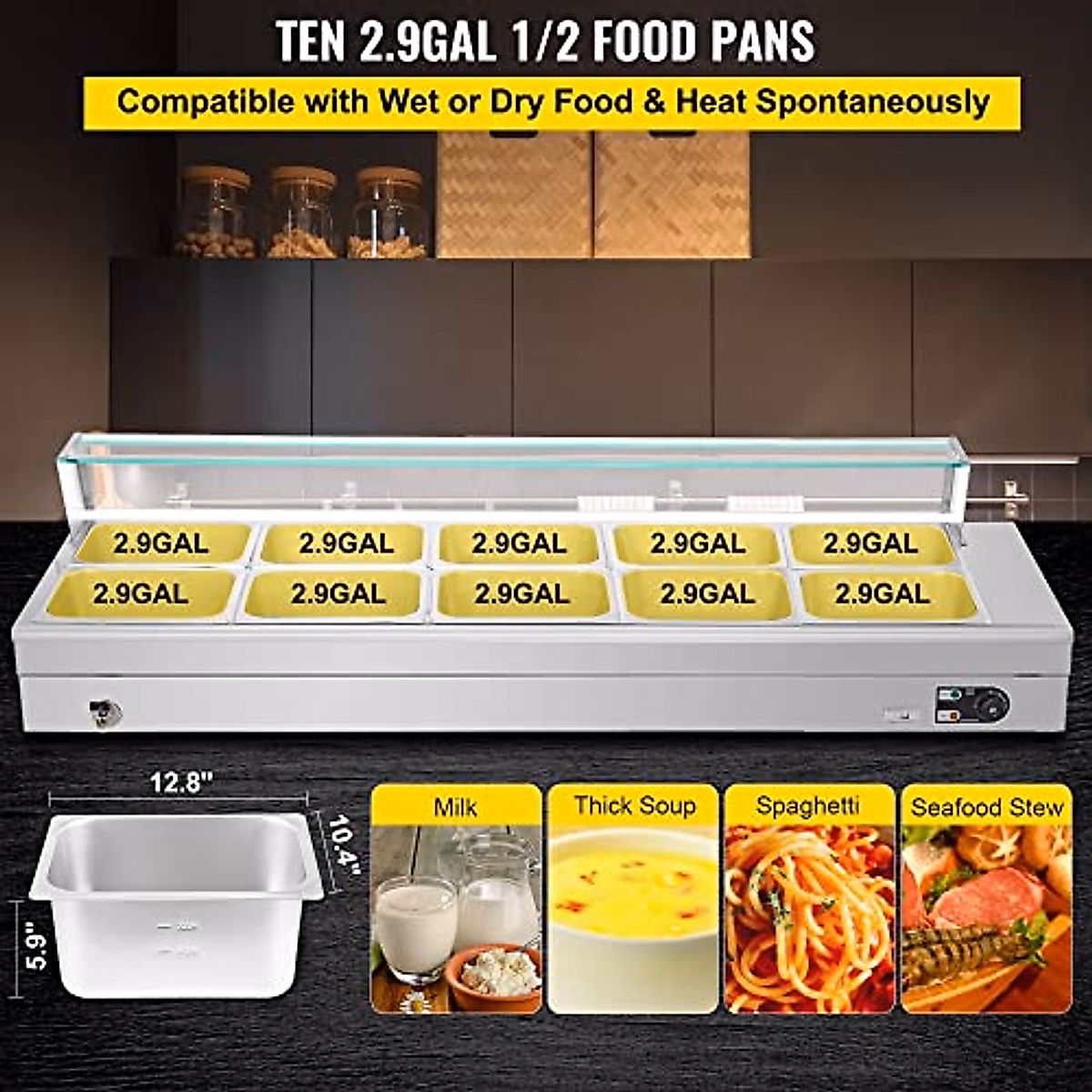 Commercial Food Warmer Bain Marie with Glass Shield - 10 Pan x 1/2 GN, 6-Inch Deep, 1500W Electric Countertop Food Warmer