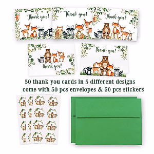 50 Woodland Thank You Cards, 4x6" Forest Animals Greenery Thank You Notes with Matching Green Envelopes & Stickers, Woodland Creatures Notecards Perfect for Woodland Baby Shower and Birthday Party