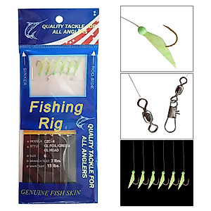 Fishing Bait Rigs Saltwater, 10Packs Surf Fishing Rigs with Fish Skin Feather Fishing Hooks Swivels Glow Beads Rigs Sea Bass Rigs Fishing Bait Lures (CZC, 8#)