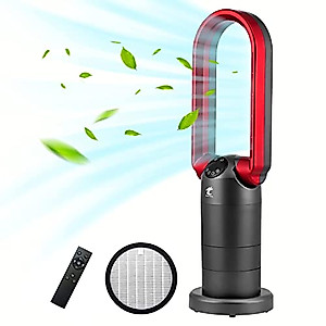 Bladeless Tower Fan & H13 HEPA Air Purifier & 1500W Space Heater 3in1, 120° Swing & 210° Tilt Head Table Fan, 29in. 35W Desk Fan with Remote, 9 Speeds 9H Timer Air Circulator for Home Office-Red